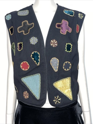 Double D Ranch Wear Vest Black Embroidered Shapes Wool Women’s Boho ...