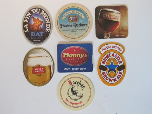 7 Beer European COASTERS ~ Stella Artois, Newcastle, Chimay, Unibroue ...
