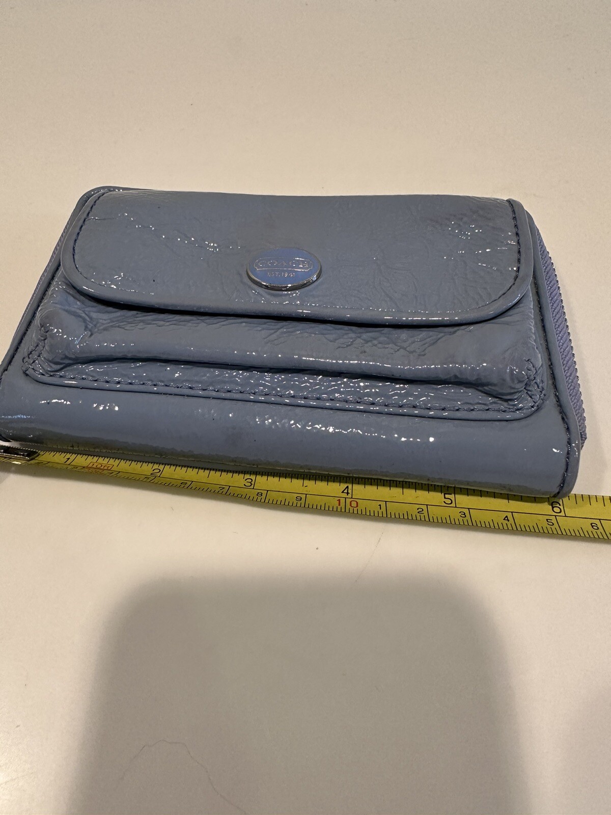 COACH SKY BLUE PATTEN LEATHER WRISTLET ID/CC/COINS/BILLS FULL ZIP SNAP ...