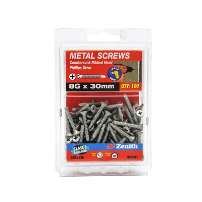 Zenith 8G x 30mm Galvanised Countersunk Rib Head Metal Screws - 100 ...
