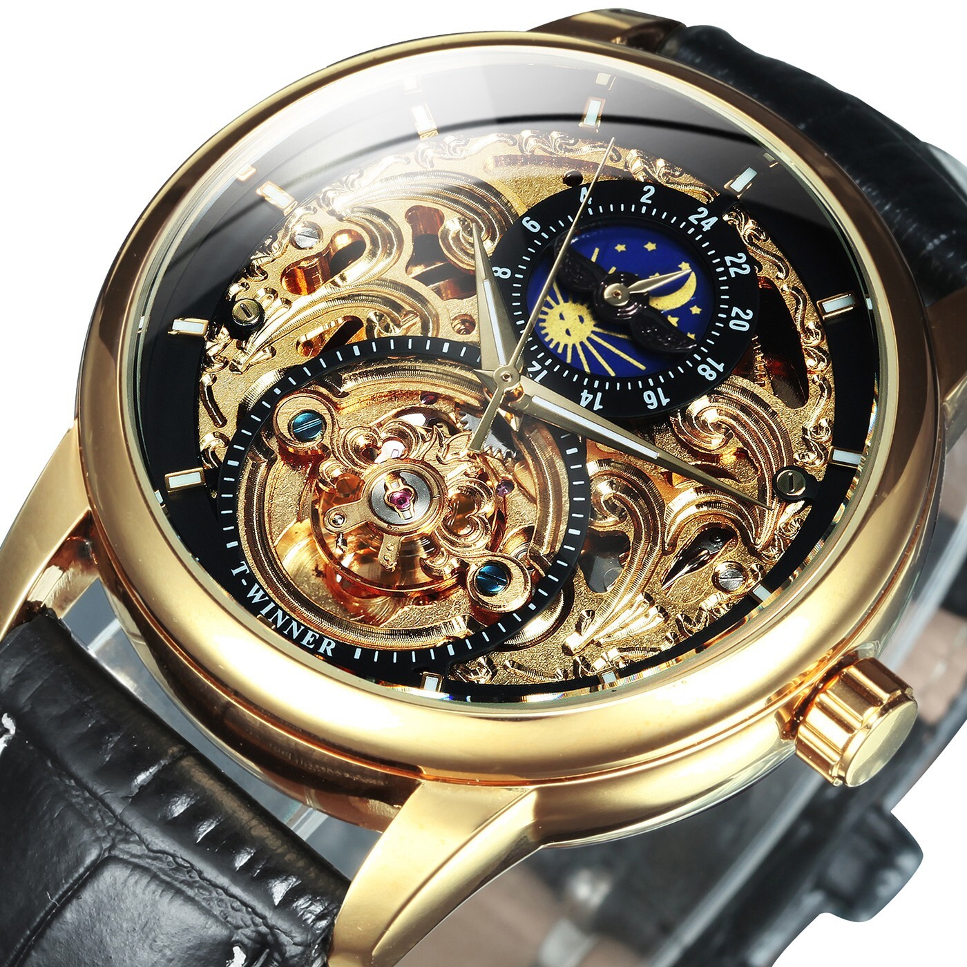 WINNER Men's Retro Automatic Mechanical Watch Tourbillon Skeleton Moon ...