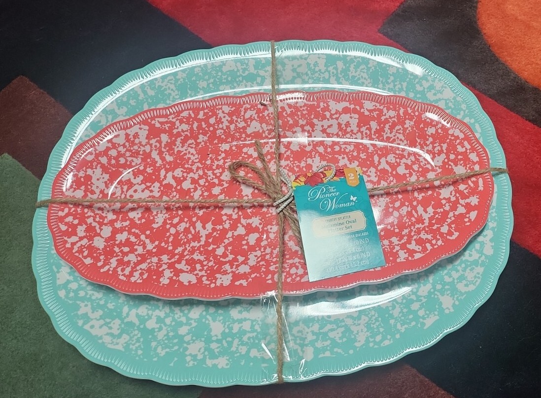 Pioneer Woman Country Splatter Melamine Oval Platters Teal Coral 2 ...