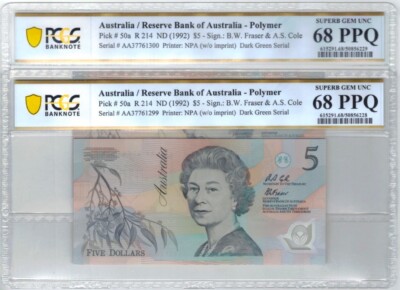 Consecutive Pair 1992 Fraser Cole $5 Banknotes PCGS SUPERB GEM UNC 68 ...