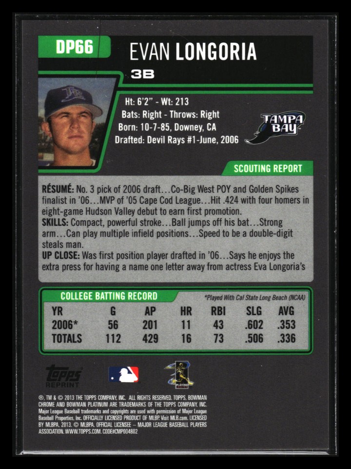 2013 Bowman Platinum #DP66 Evan Longoria Blue Sapphire Refractor Rookie ...