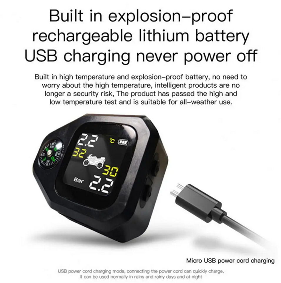 TPMS Motorcycle Tire Pressure Monitoring System USB Rechargeable With ...