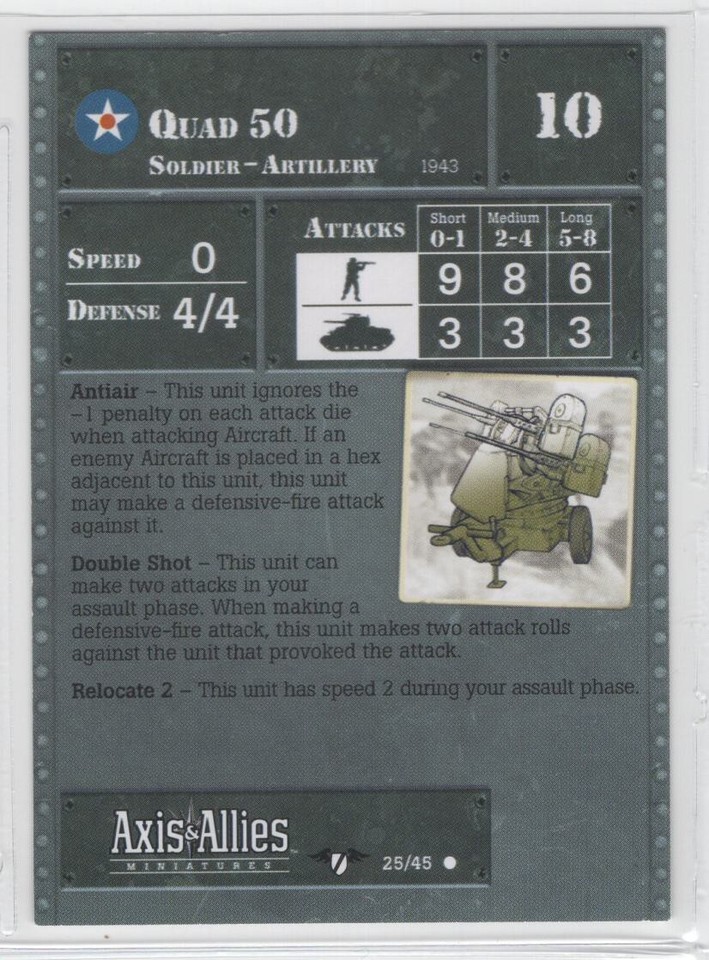 Axis and Allies Miniatures Quad 50 Artillery Contested Skies #25 Stat ...