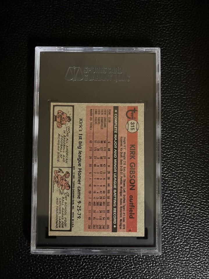 1981 Topps Kirk Gibson #315 autograph Rookie Card Sgc Cert. Detroit ...