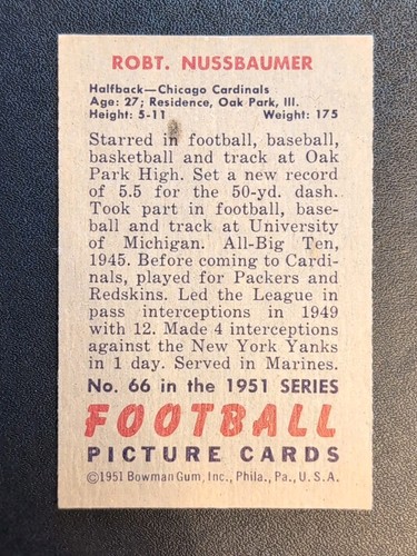 1951 Bowman #66 BOB NUSSBAUMER - Cardinals, Packers -- VGEX-EX, No ...