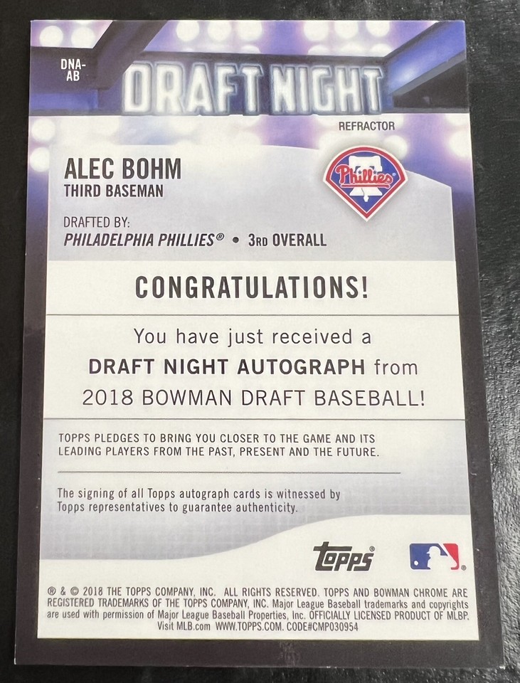 2018 Bowman Chrome Draft Night Auto/99 Alec Bohm RC Autograph Rookie ...