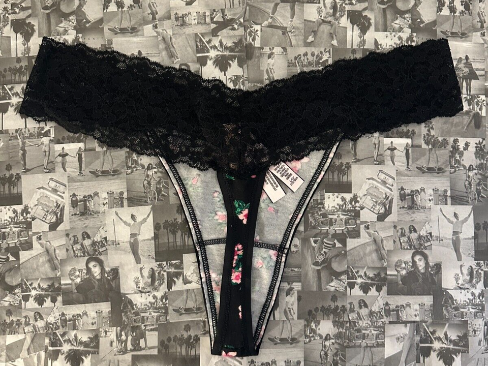 NWT Victoria's Secret Cotton Floral Lace-waist Thong Panty Black Floral ...
