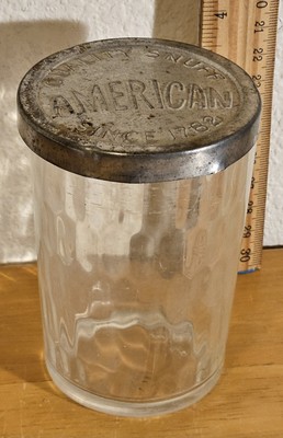 VINTAGE AMERICAN QUALITY SNUFF JAR WITH TIN LID SINCE 1782 OPTIC GLASS ...