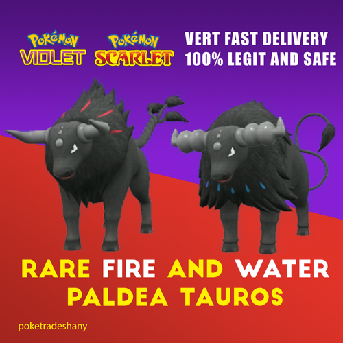 Rare Paldea Fire Tauros and Water Tauros Legit Purple Scarlet Pokémon ...