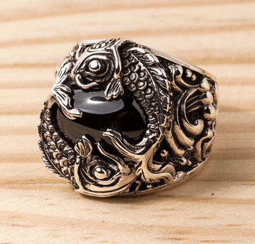 BLACK ONYX KOI CARP FISH 925 STERLING SILVER MENS RING BLACK ONYX KOI CARP FISH 925 STERLING SILVER MENS RING