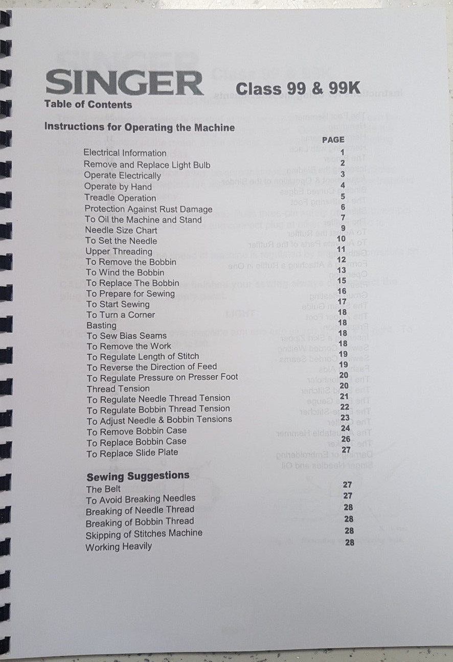 SINGER CLASS 99 & 99K INSTRUCTION MANUAL REPRINTED COMB BOUND | eBay UK