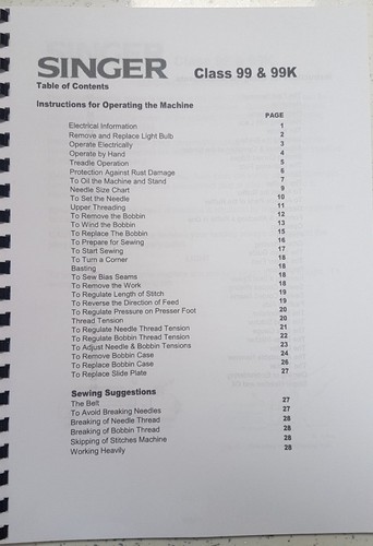 SINGER CLASS 99 & 99K INSTRUCTION MANUAL REPRINTED COMB BOUND | eBay UK