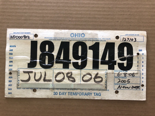 Vintage 2006 OHIO 30 Day Temporary Tag Cardboard License Plate J849149 ...