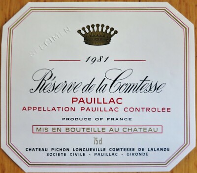 Etiquette Vin FRANCE Reserve de la Comtesse 81 Pauillac Ch Pichon L ...