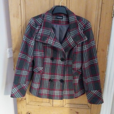 Pink Grey Tartan Jacket Coat Size 12 George Asda Plaid Wool Polyester ...
