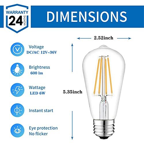12v Edison Bulb 6w E26 12v Led Bulb 3000k 60w Equivalent Ac/dc 12v 24v ...
