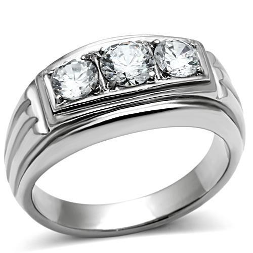 Mens three stone ring silver signet pinky stainless steel 3 carat cz ...