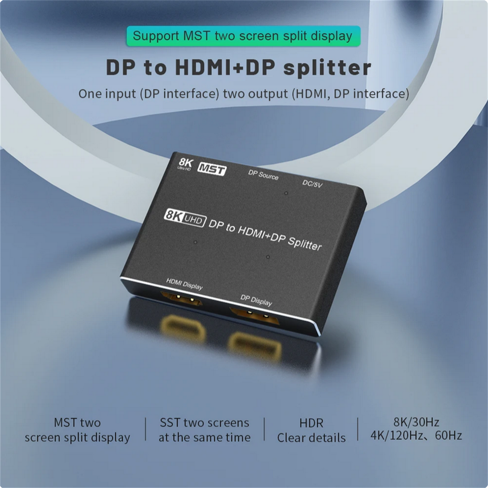 8K 30Hz DP To HDMI/DP Splitter Repeater 1x2 MST Splitter 32.4Gbps For ...