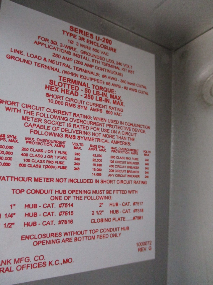 MILBANK P/N:U-200 METER PAN ENCLOSURE 200 AMP 600VOLT TYPE R3 MISSING ...
