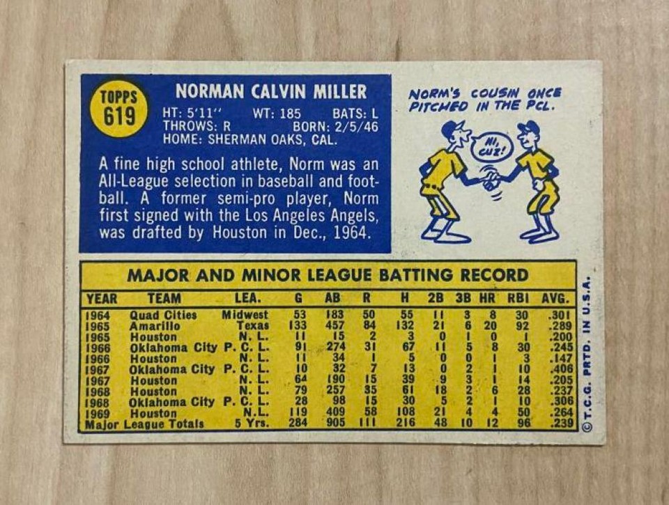 NORM MILLER HOUSTON ASTROS SIGNED AUTOGRAPHED 1970 TOPPS CARD #619 W ...