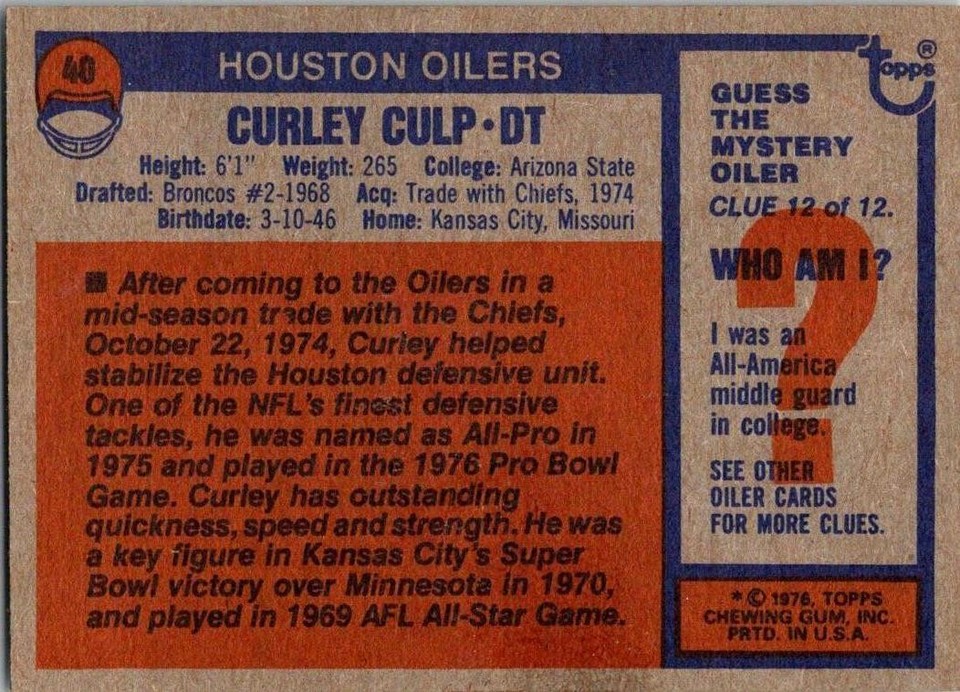 Curley Culp 1976 Topps #40 Houston Oilers | eBay