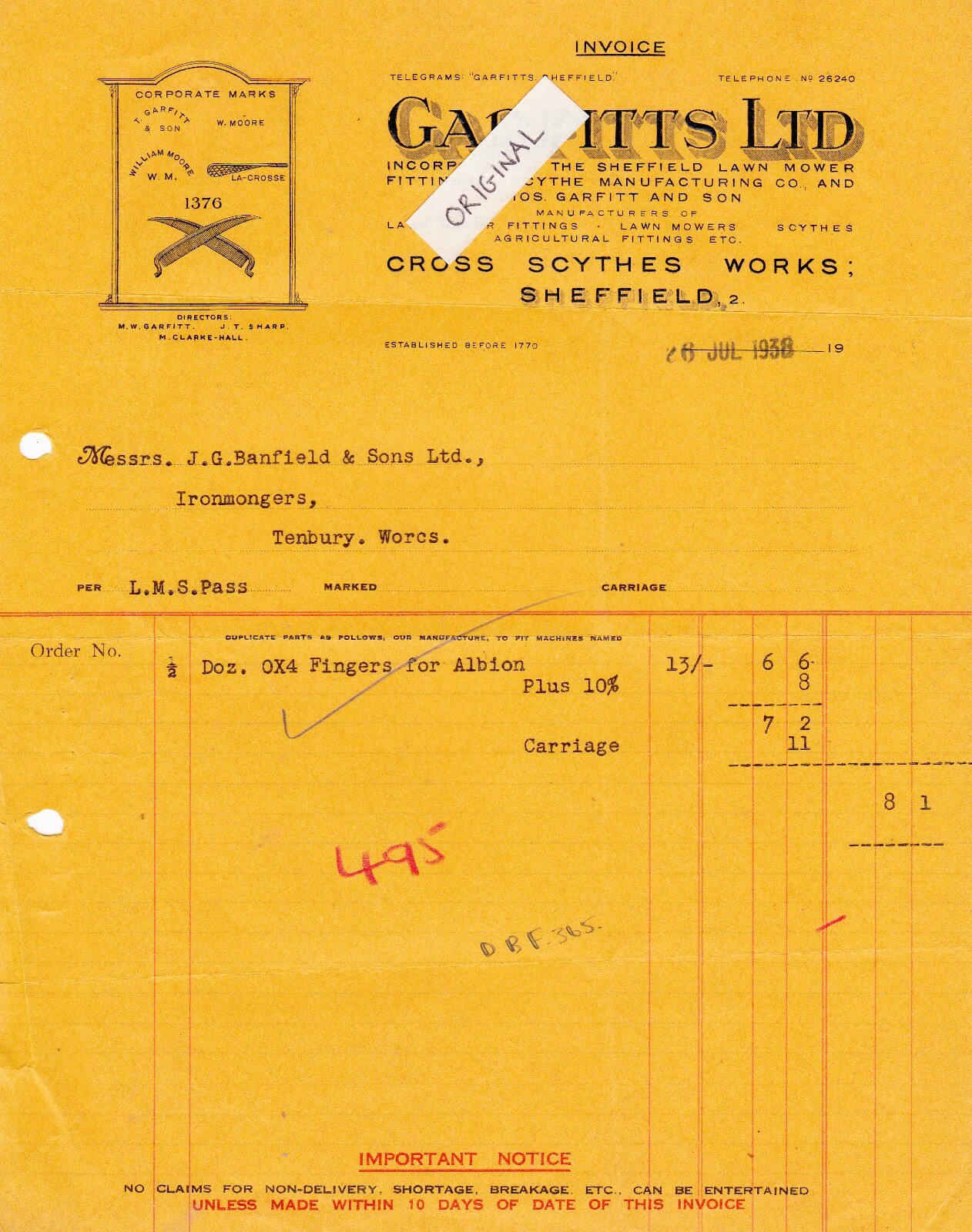 GARFITTS CROSS SCYTHES WORKS SHEFFIELD ORIGINAL VINTAGE BILLHEAD 1938 ...