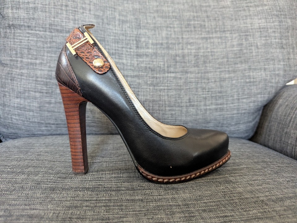 Italian Leather Black High Heel Pumps -Size 6.5 -Flona Collection Pre ...
