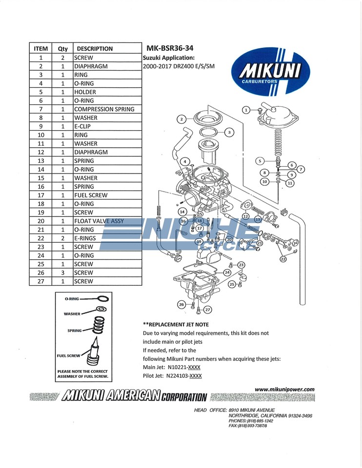 Genuine Mikuni OEM Carburetor Rebuild Kit for Suzuki DRZ400 MK-BSR36-34 ...