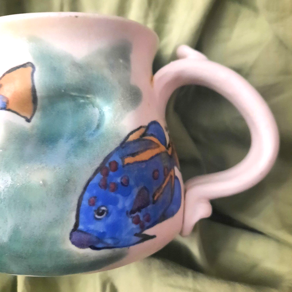 Coffee mug artist Lorri Shute art clay pottery comfort fish art blue ...