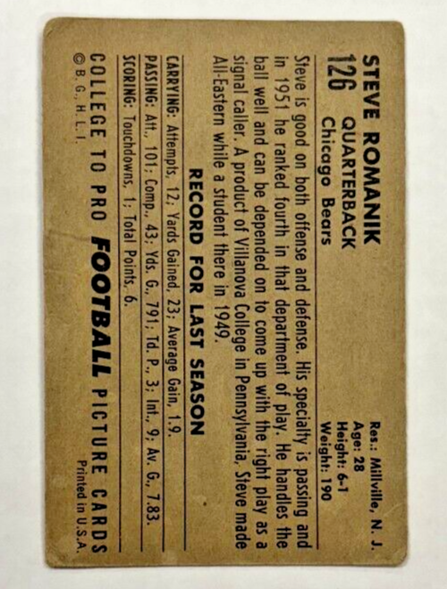 Steve Romanik 1952 Bowman Large Football #126 SP RC Chicago Bears VG | eBay