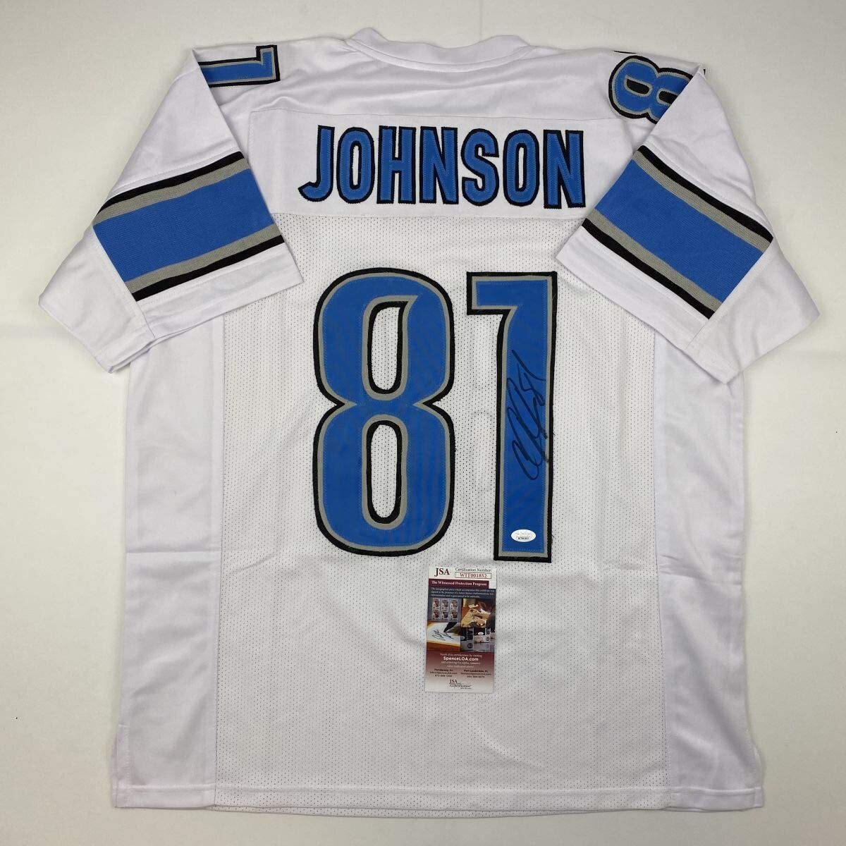 Autographed/Signed Calvin Johnson Detroit White Football Jersey JSA COA ...