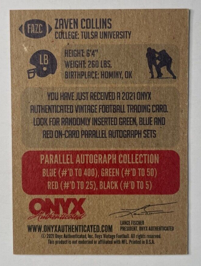Zaven Collins 2021 Onyx Vintage Autographs Blue Ink RC AUTO Arizona ...