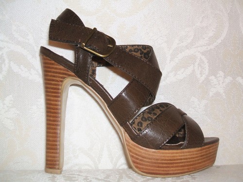PRIMARK SIZE UK 8 BROWN HIGH WOOD HEEL PLATFORM STRAPPY SANDALS SHOES ...
