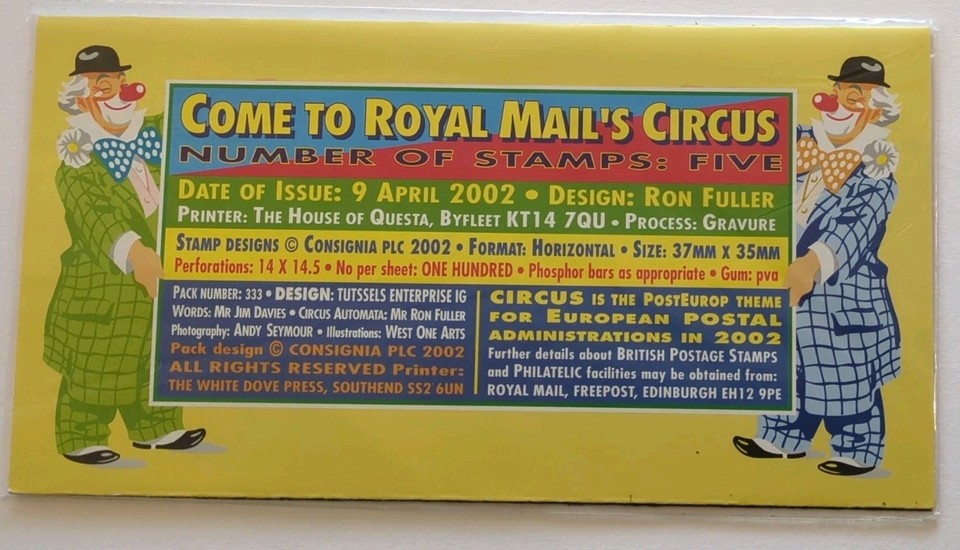 Royal Mail Stamps Presentation Pack: Roll Up! Roll Up! Circus 2002 Pack ...