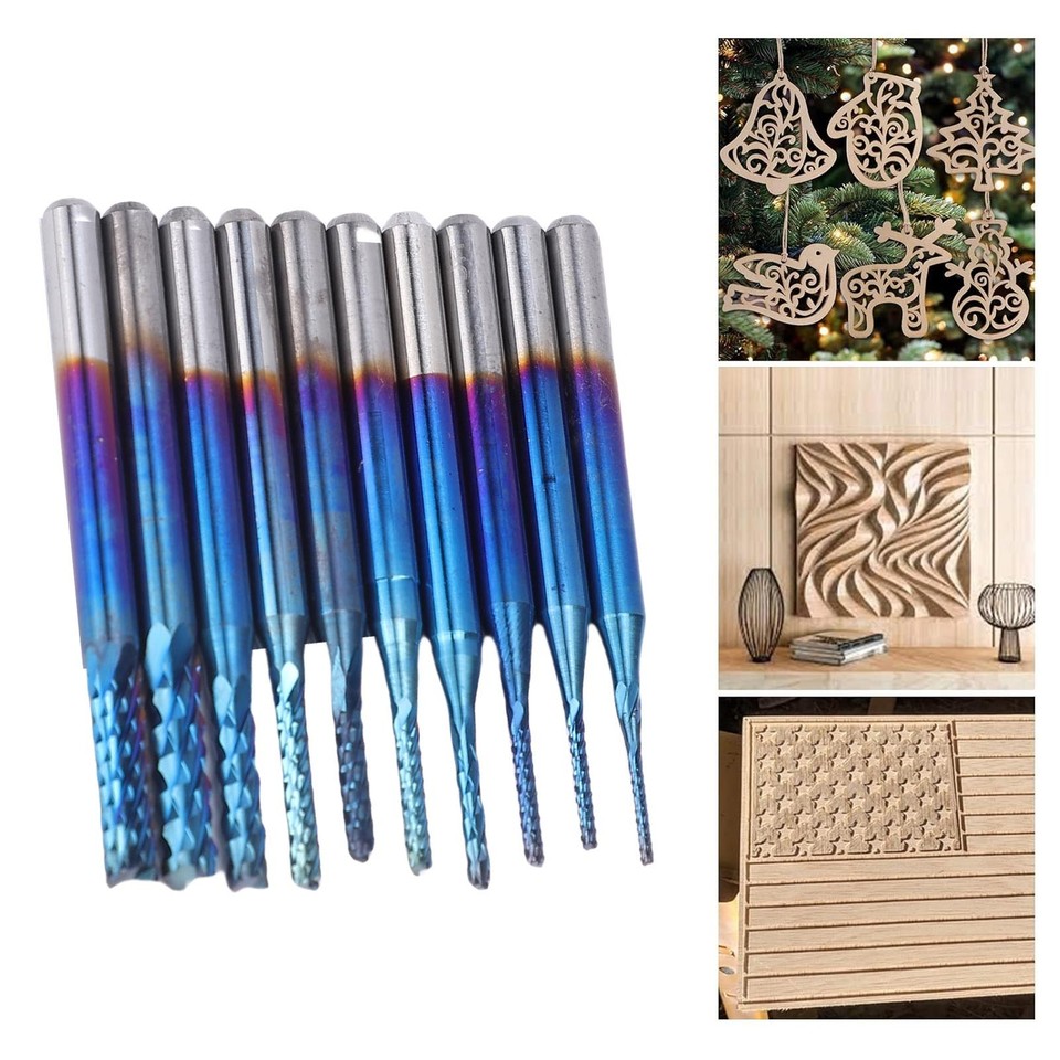 10x End Mill 0.8-3mm 1/8in Shank Blue Coated Carbide CNC Router Bit Set ...