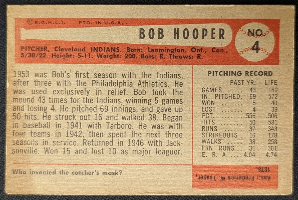 1954 Bowman #4 Bob Hooper Cleveland Indians VG | eBay