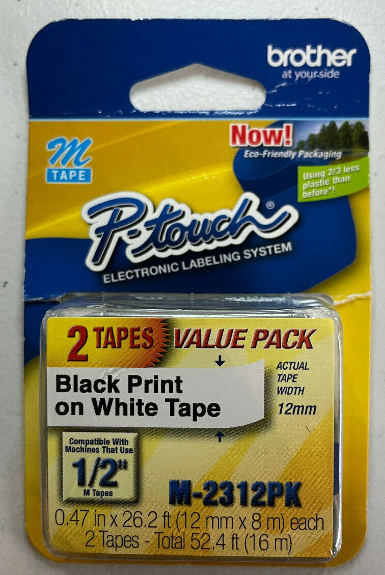 Brother 1/2" Black Print on White Tape 2-Pack (M-2312PK)- FAST FREE ...