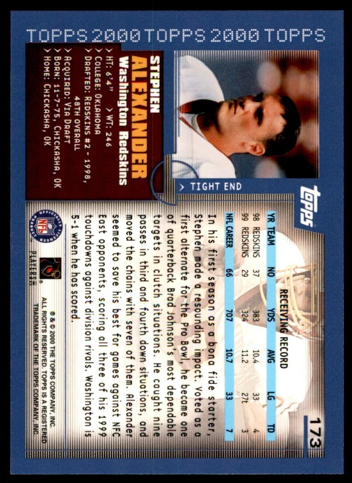 2000 TOPPS COLLECTION STEPHEN ALEXANDER WASHINGTON REDSKINS #173 | eBay
