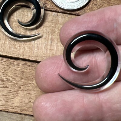 PAIR ENCASED BLACK GOTHIC PYREX GLASS 2g 6mm SPIRALS PLUGS BODY JEWELRY ...