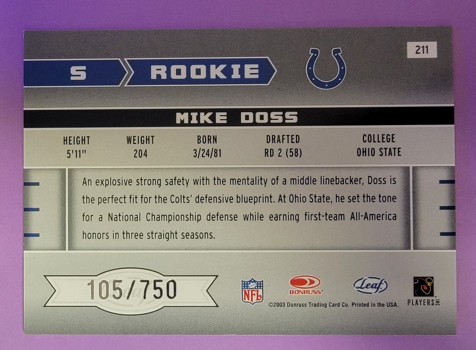 2003 Leaf Rookies & Stars Mike Doss #211 Rookie Card Auto RC /750 | eBay