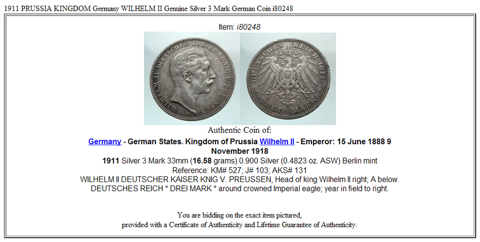 1911 PRUSSIA KINGDOM Germany WILHELM II Genuine Silver 3 Mark German ...