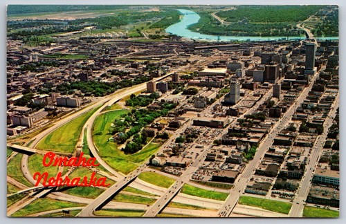 Omaha NE~Downtown City Aerial View~Missouri River~Iowa in Background ...