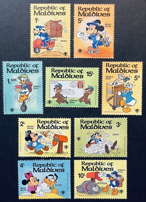 MALDIVES DISNEY POSTAL SCENES STAMPS SET 9V MNH 1979 MAILMAN MICKEY ...