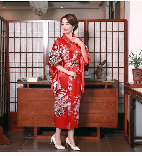 Japanese Kimono Robes Chinese Traditional Women Summer Satin Sleep Robe ...