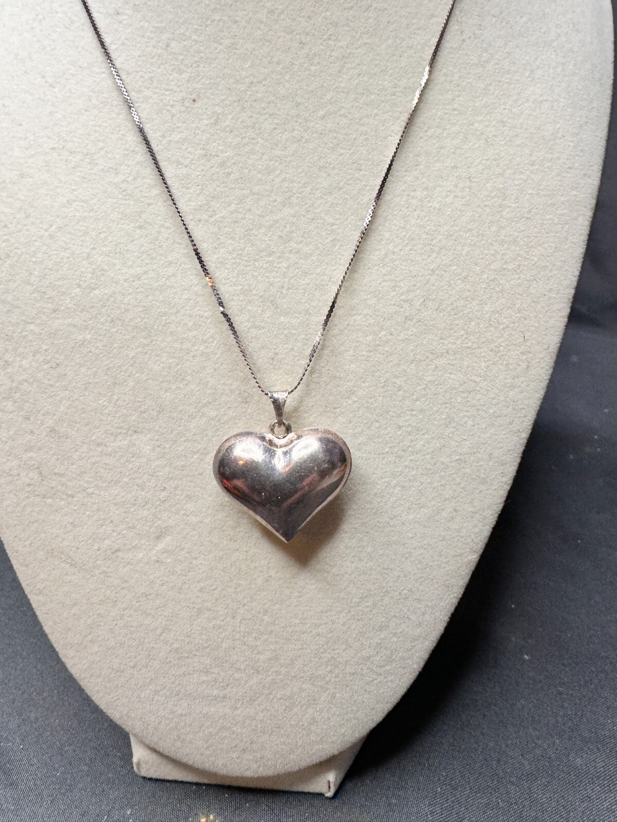925 Sterling Silver Puffed Heart Pendant Necklace - 20” 4.3G | eBay