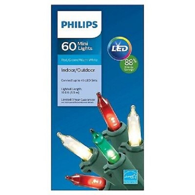 PHILIPS 60 CT. LED MINI LIGHTS, RED/GREEN/WARM WHITE, 19.6 FT ...