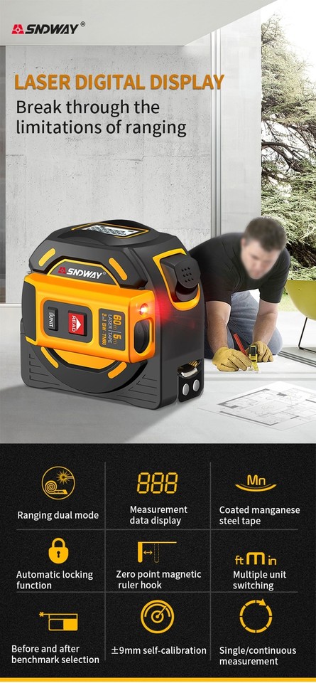 Laser Distance Meter Measuring Laser Tape 40M 60M Tape Measure Range ...